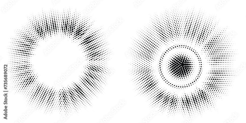 Halftone circle frame dotted background set. Round border Icon using halftone random circle dots ...