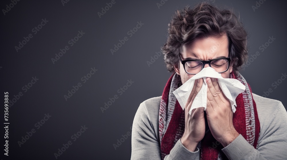 Studio picture from a young man with handkerchief. Sick guy isolated ...
