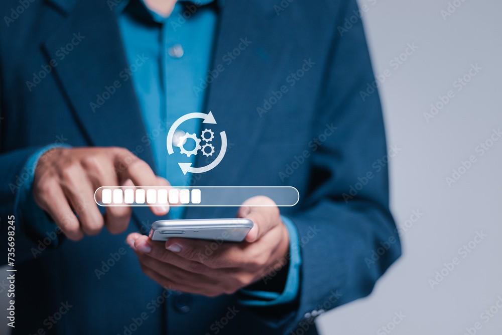 Software update or operating system upgrade on smartphone. Installing update bar, Improved ...