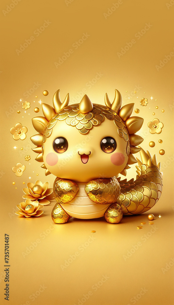 Cute Golden Baby dragon in yellow color background, Chinese zodiac ...