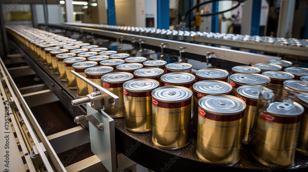 Caned food factory, cans on a conveyor belt for label and marking ...
