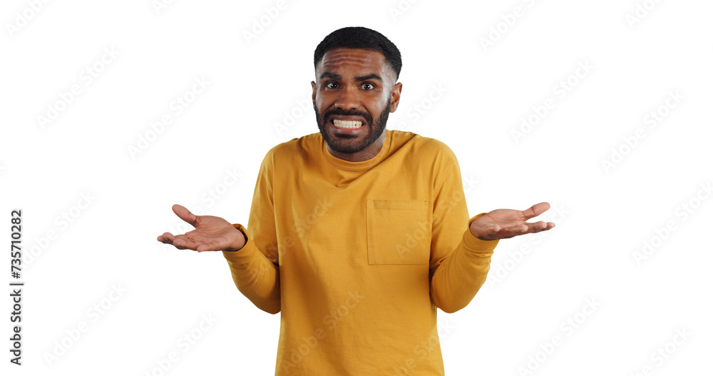 Confused, doubt and portrait of man with dont know, gesture on isolated ...