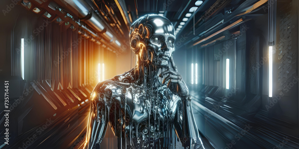 Melting Robot machine human chrome man terminator robot melting steel ...