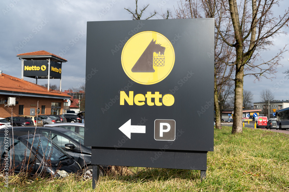 Netto shop signboard with logo sign. Danish discount supermarket ...