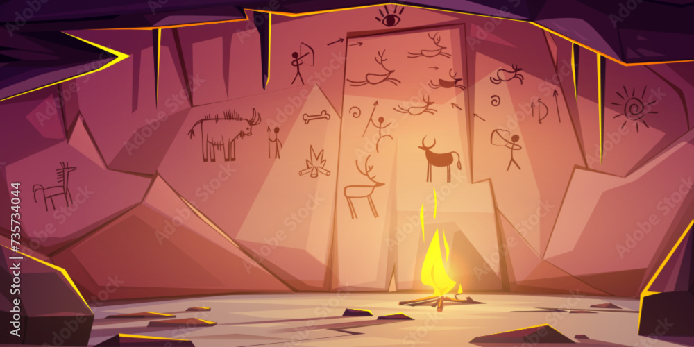Prehistoric cave with caveman primitive painting on stone walls and ...