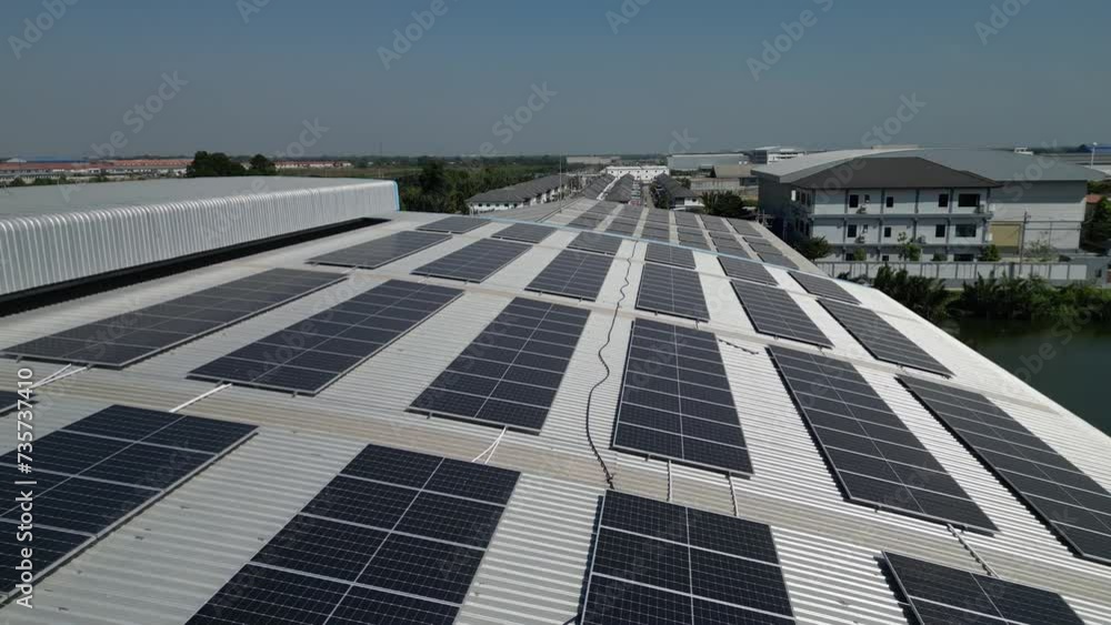 Top aerial view of solar roof system at the rooftop of factory ...