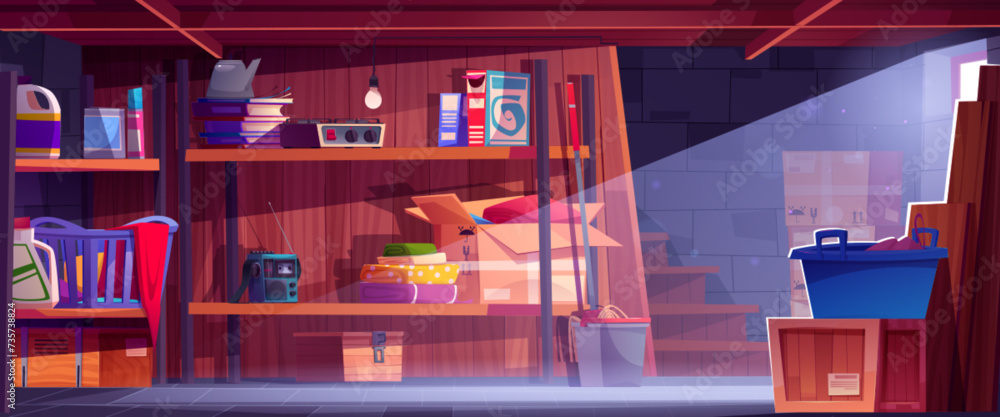 House basement room interior with storage cardboard boxes, housekeeping ...