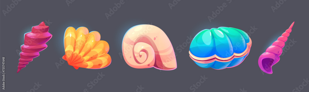 Cartoon set of seashells isolated on black background. Vector ...
