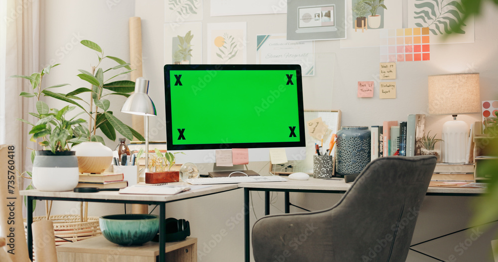 Office, desk and computer with green screen, mockup and desktop ...
