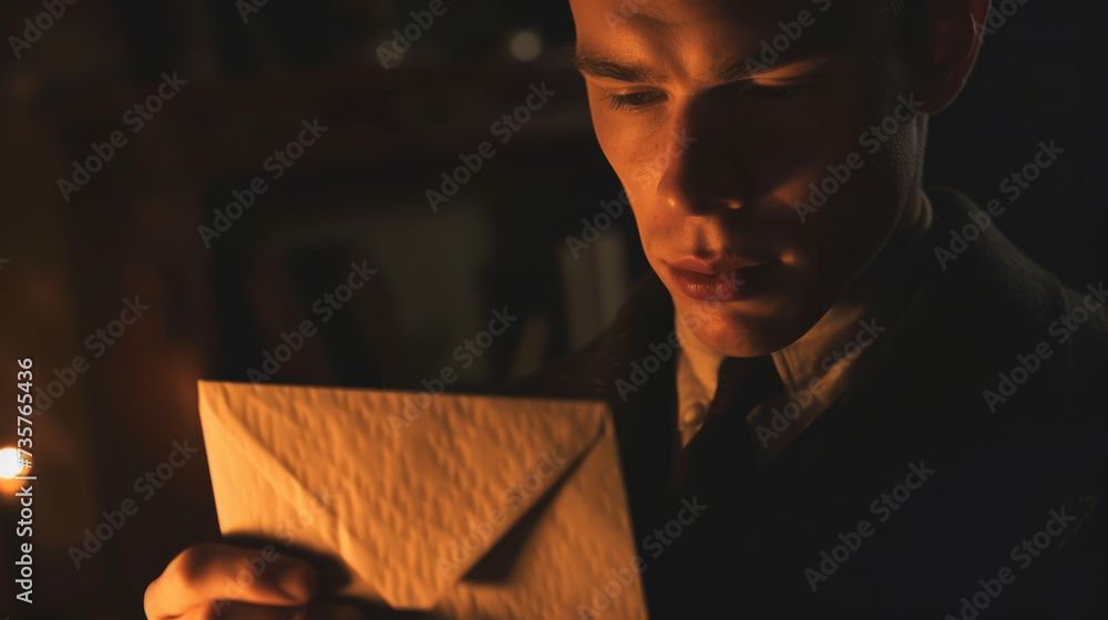 Bad news concept image with portrait of a young caucasian man reading a ...