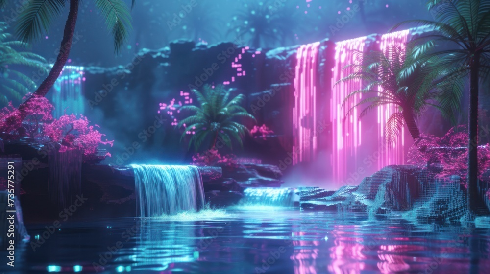 Virtual landscape with pixelated waterfalls and neon palms in vaporwave ...