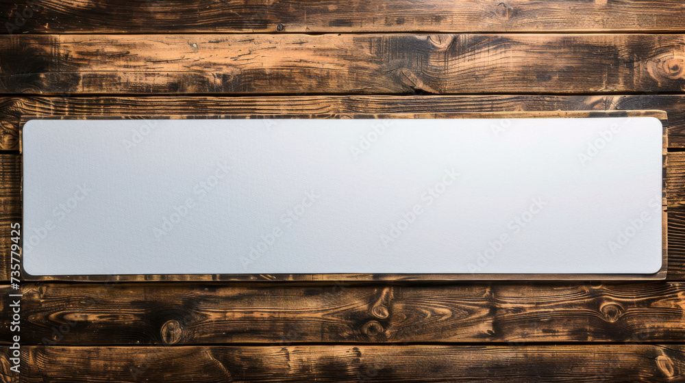 Horizontal rectangular blank white paper board, card on wooden plank ...