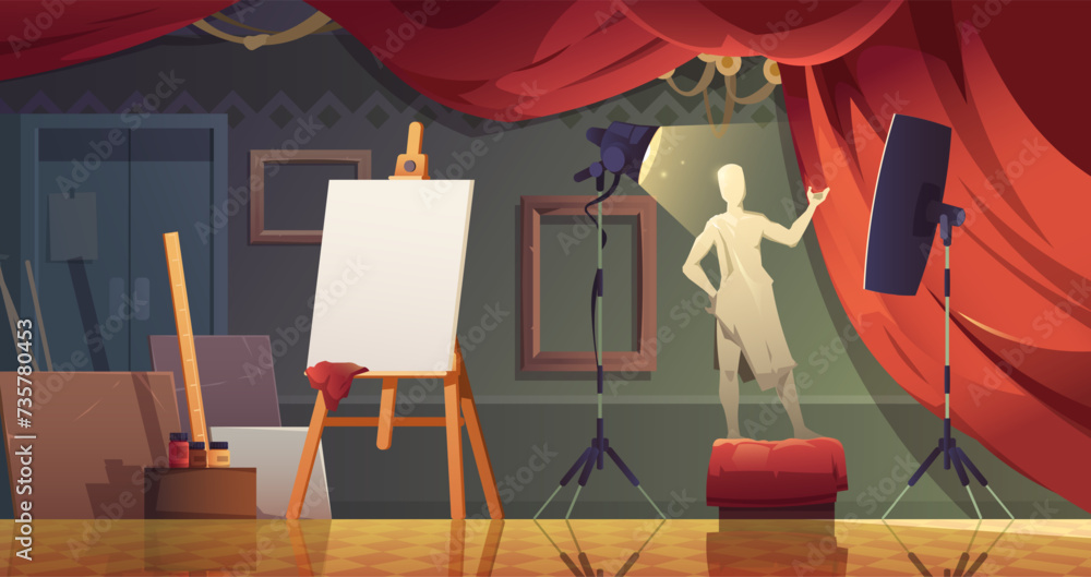 Art studio interior. Cartoon room with painting materials, workshop ...