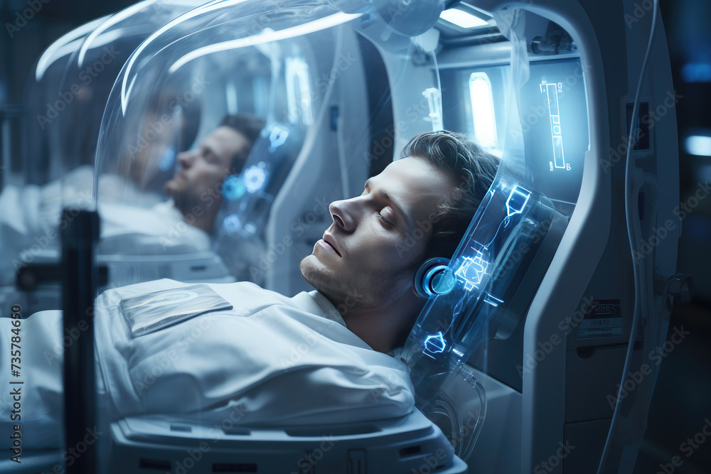 A young man lies on a hospital bed in a capsule with an advanced modern ...
