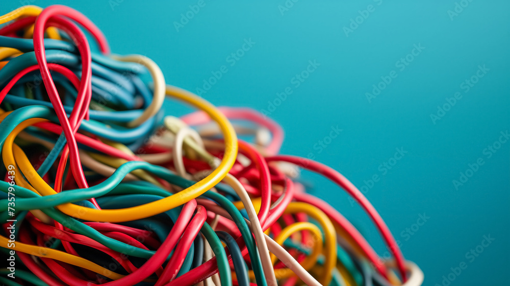 Tangled colorful wires against a blue background. Stock Photo | Adobe Stock