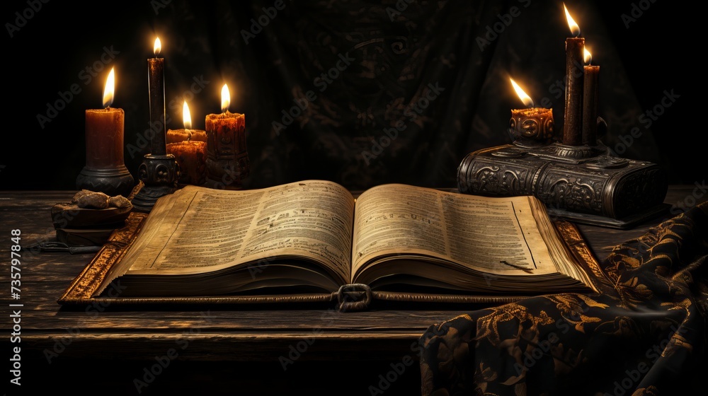 Enchanting scene with ancient magic rituals book and flickering candles ...