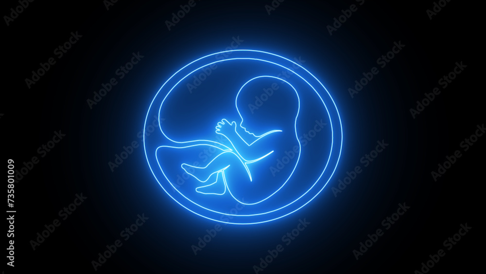 Glowing blue neon Human fetus inside the womb. Pregnancy fetal foetus ...