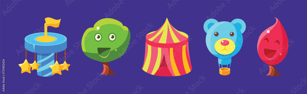 Amusement Park and Funfair Object with Tent, Tree and Hot Air Balloon ...