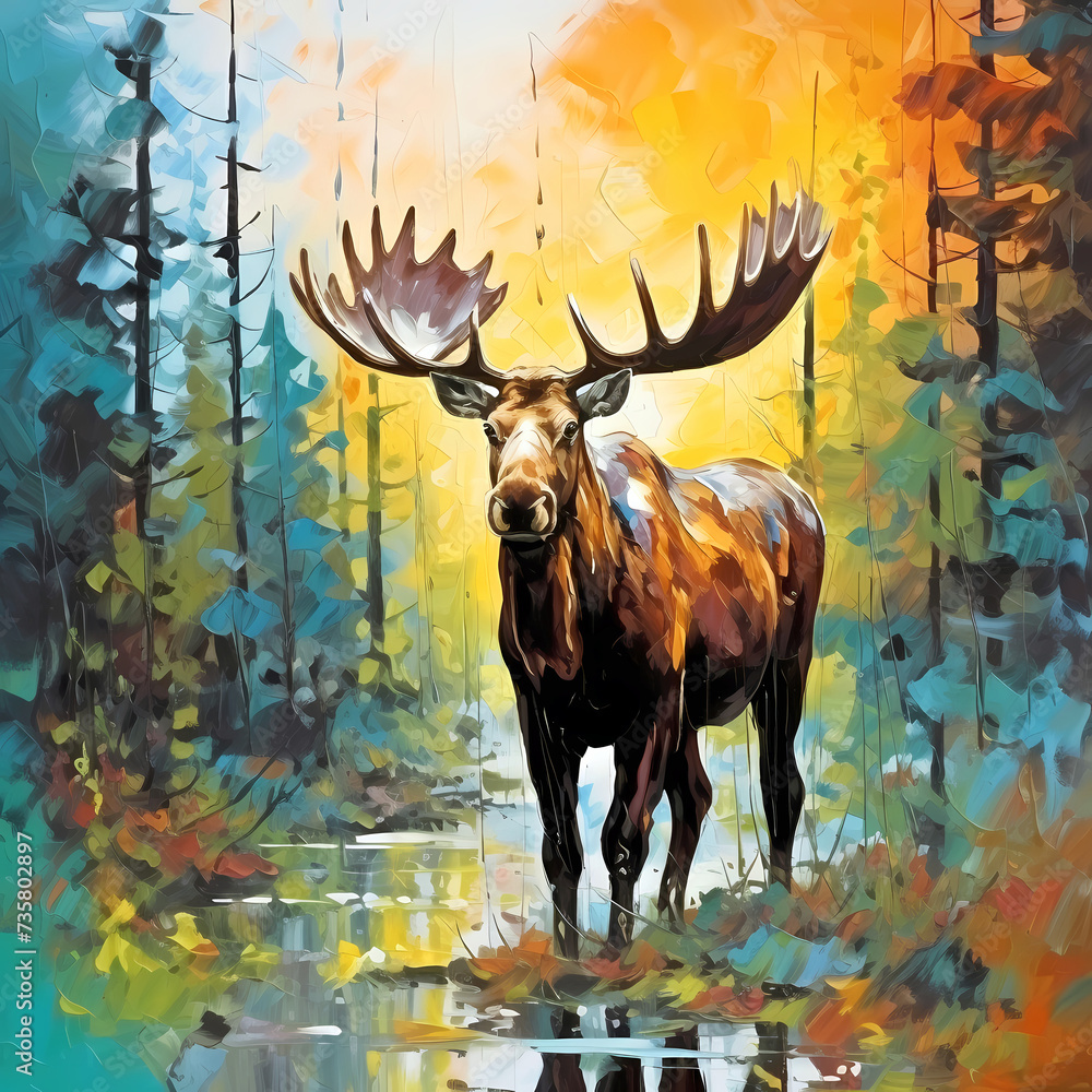 Moose in the wild digital art, drawn by oil paints Stock Illustration ...