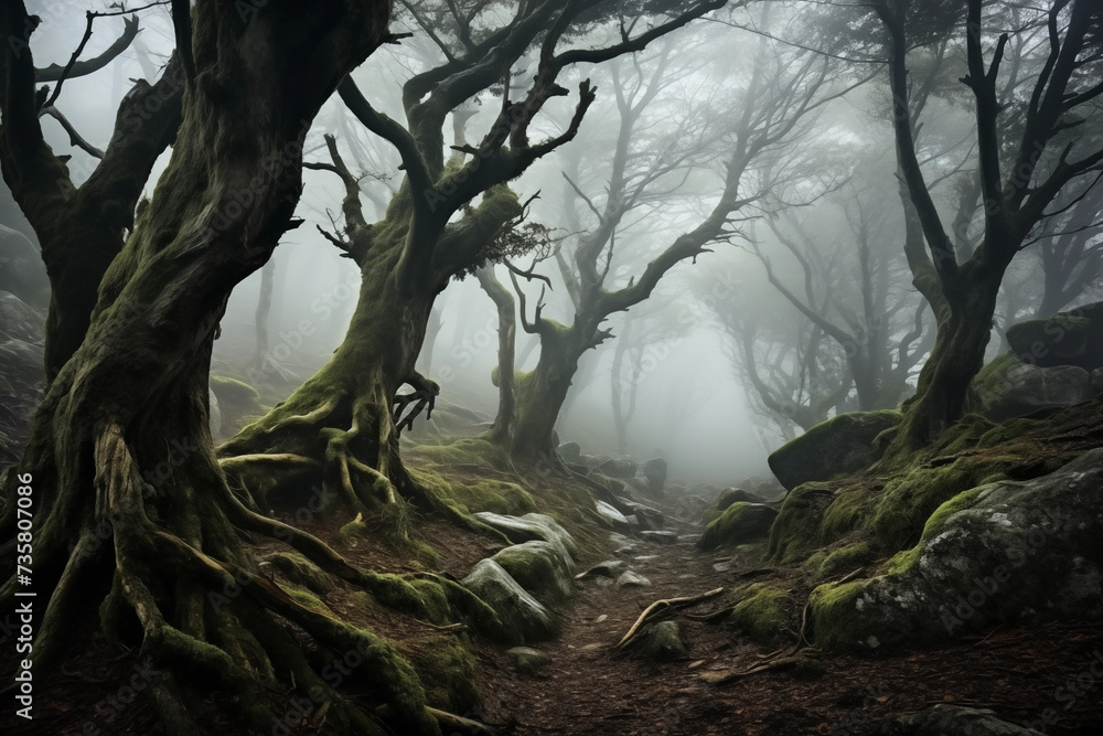 Enchanting yet eerie forest landscape with mist-shrouded, twisted trees ...