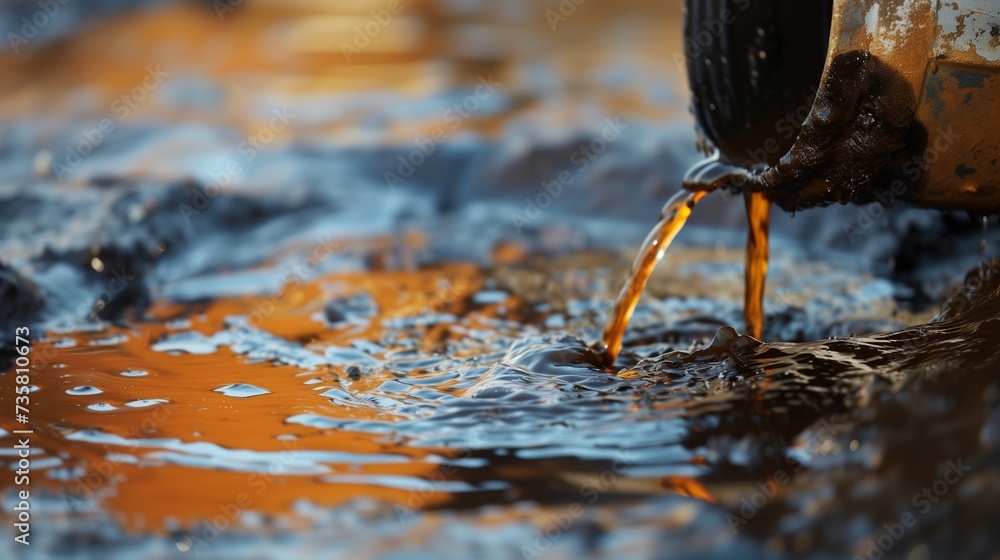 Viscous oil waste pouring into water, creating a stark contrast of ...