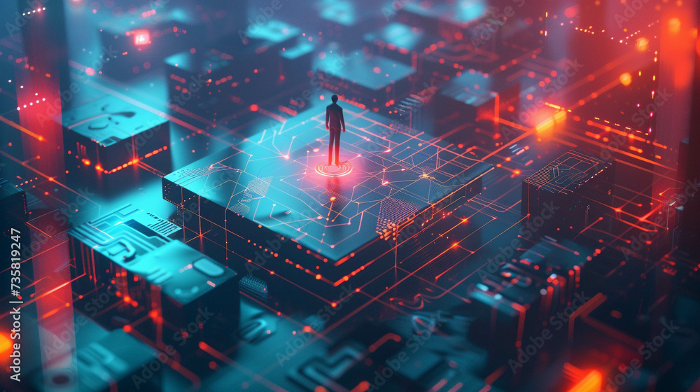 In an isometric world quantum technology sparks electricity as figures ...