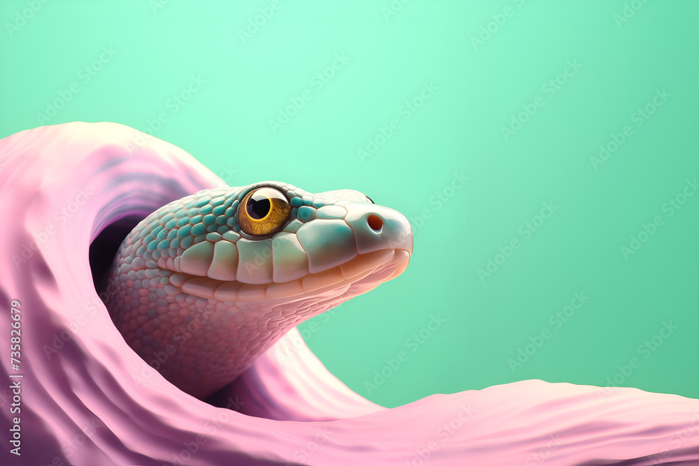 Creative animal concept. Eel fish peeking over pastel bright background. advertisement, banner ...