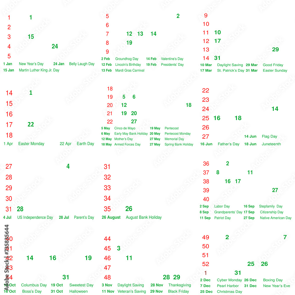 2024 Calendar Holidays Calendar with Week Numbers - Planner Stock 写真 ...