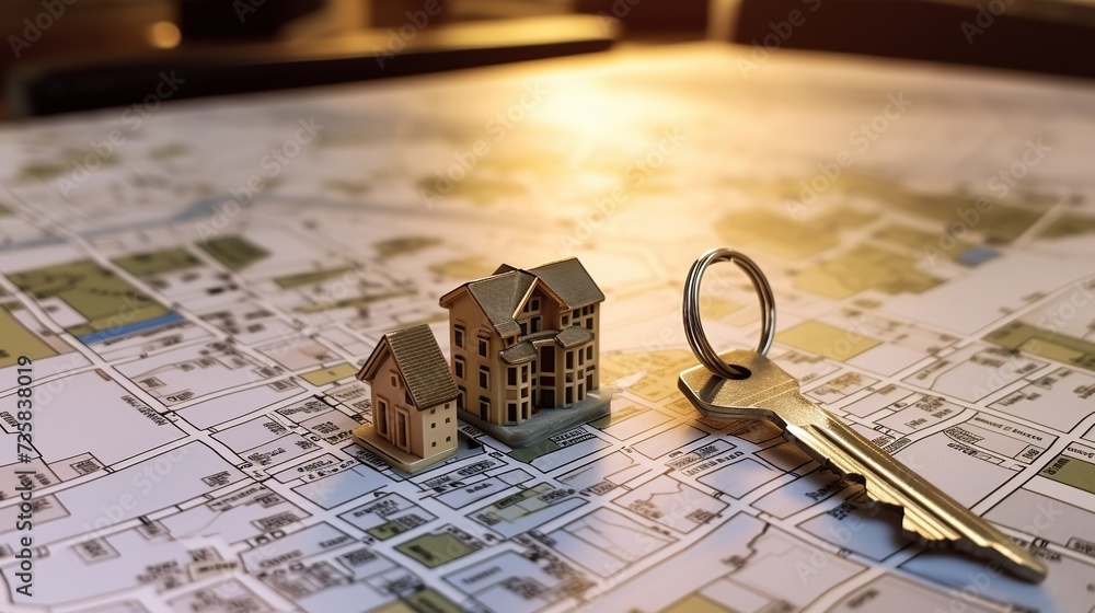 Miniature house on construction plan concept. Blueprint drawings and ...