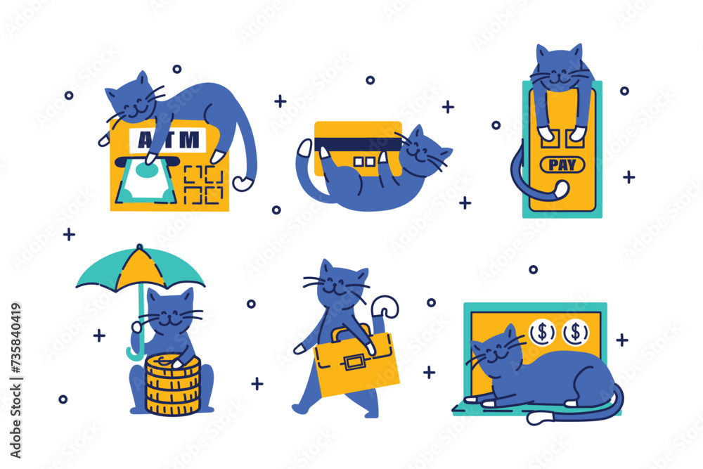Set of cats with money and banking related objects, symbol of wealth ...