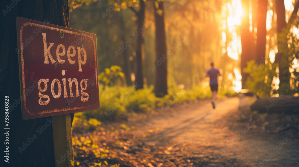Sign with written words keep going on and person running on the park ...