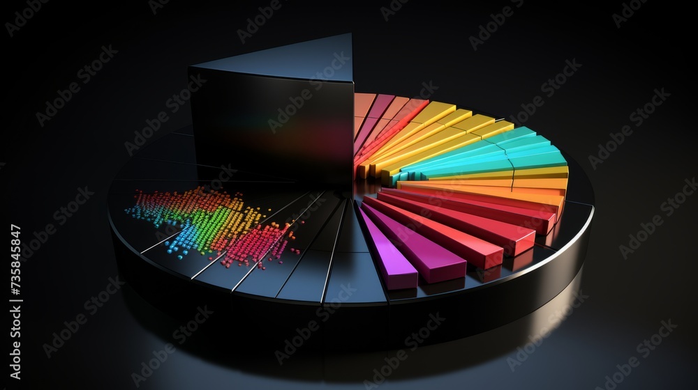 Vibrant 3d pie chart with colorful rainbow bars on black background ...