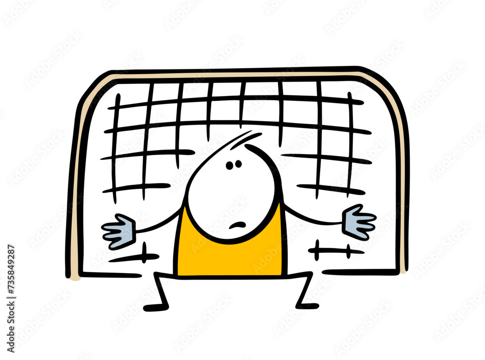 Doodle tense goalkeeper, crouched down, spread his gloved hands and ...