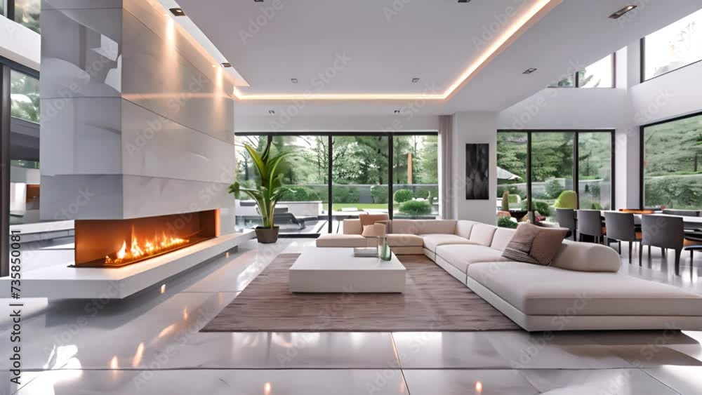 Animation of luxury modern home. minimal style white living and dining ...
