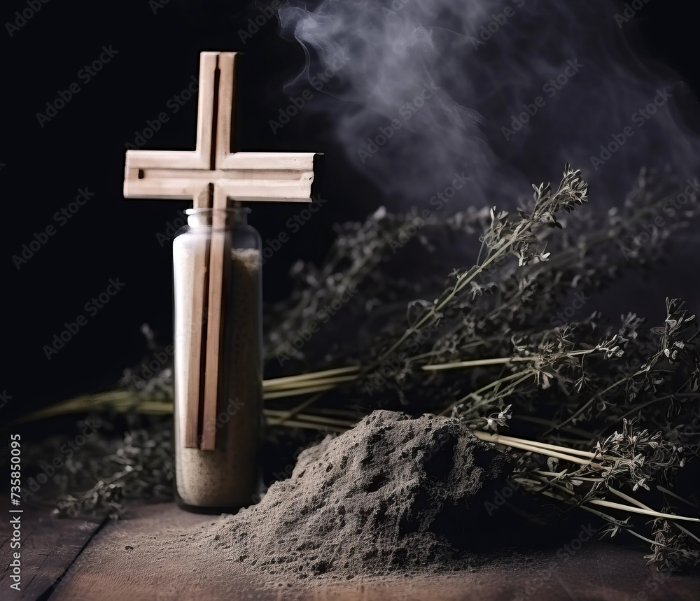 Christian cross and ashes as a symbol of religion, sacrifice ...