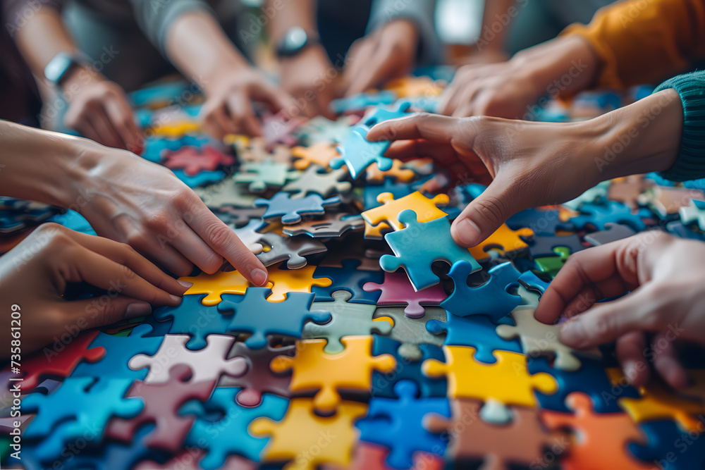 Corporate officer worker collaborate in office, connecting puzzle ...