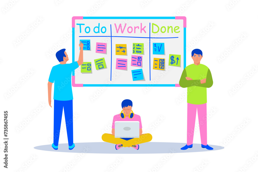 Kanban board with color sticky notes. People in process of completing ...