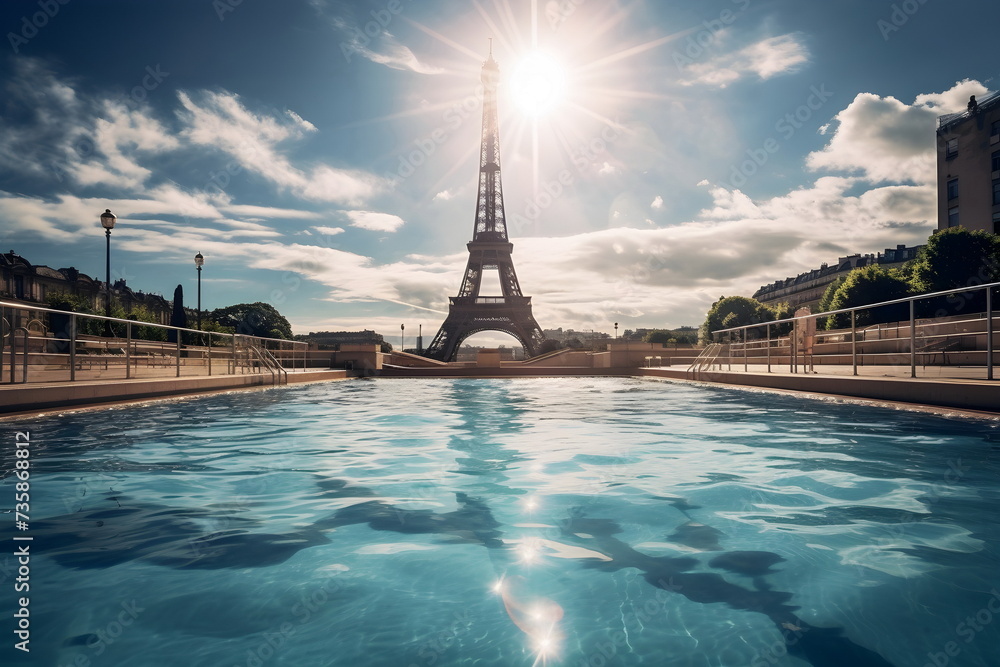 olympic games swimming pool in Paris, olympic games concept, Eiffel ...