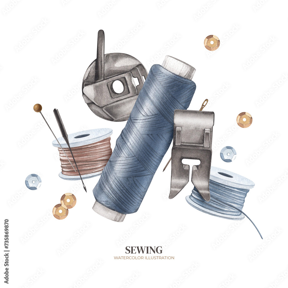 Threads, spools, bobbin for vertical shuttle, presser foot, needles and ...