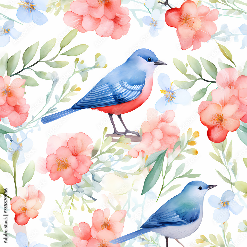 Watercolor spring nature pattern with birds, seamless tile texture ...