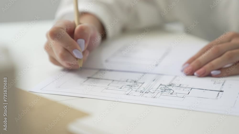 Closeup of professional young beautiful architect hand drawing ...