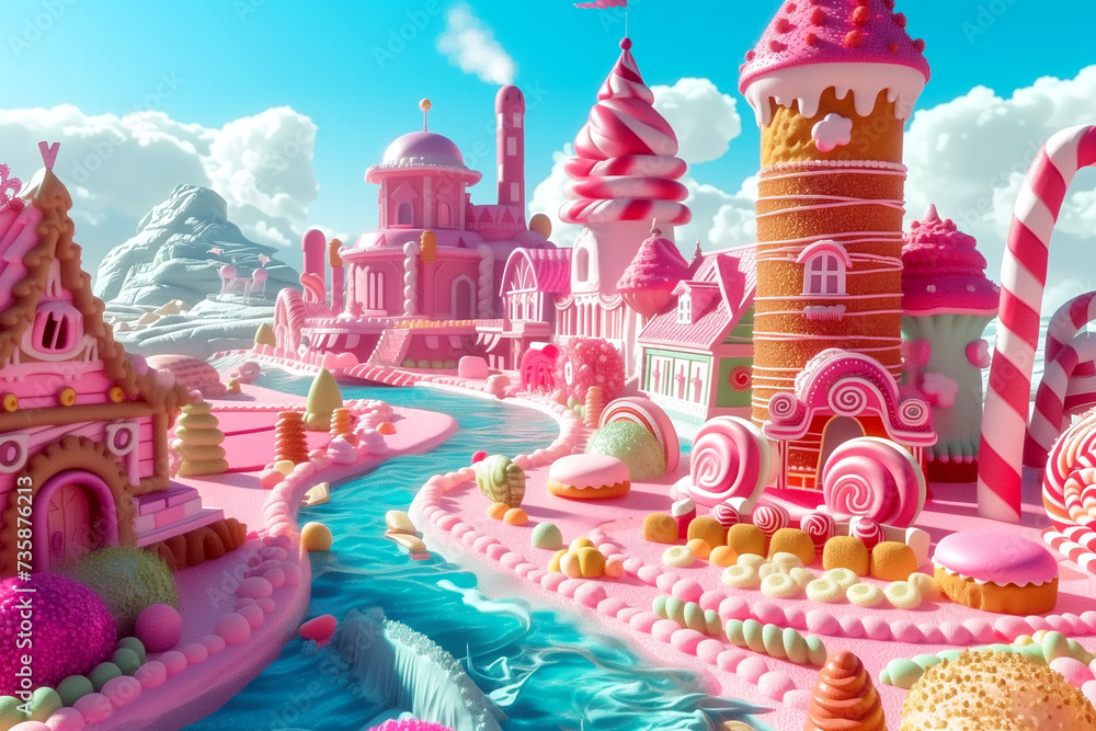 Cartoon fantasy candy land landscape gingerbread houses, ice cream ...