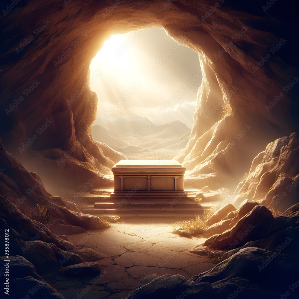 empty tomb with shroud on stone table. resurrection morning of Jesus ...
