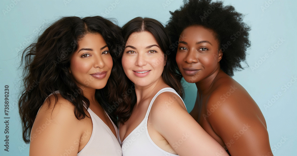 Inclusive studio portrait of three happy and confident curvy women with ...