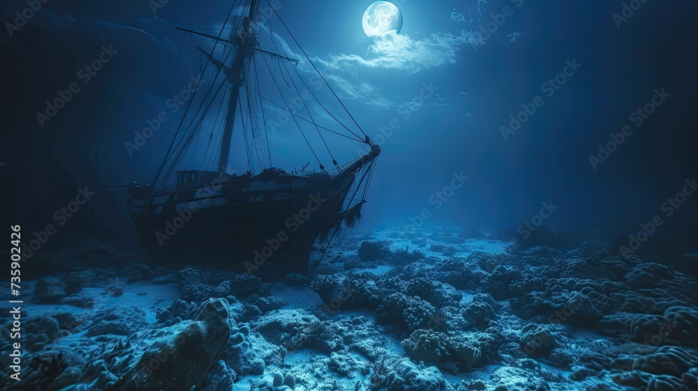 a sailing frigate, its mast protruding through the water's surface, as ...