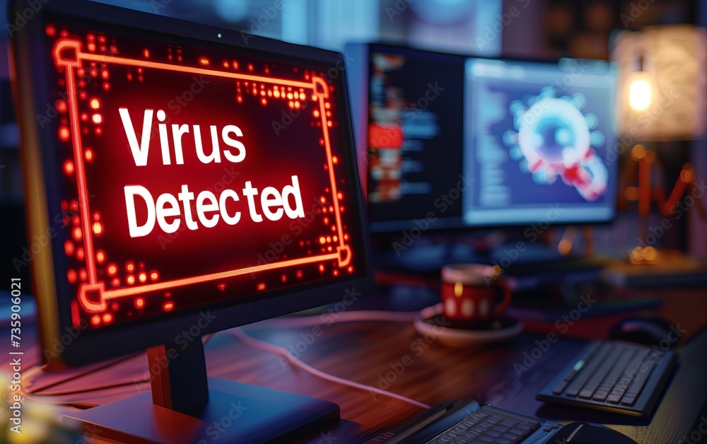 Virus Alert Warning.A red warning sign popping up on a monitor, with the words "Virus Detected ...