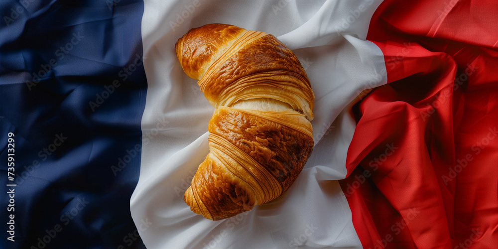 Croissant against the backdrop of the French flag, highlighting its ...