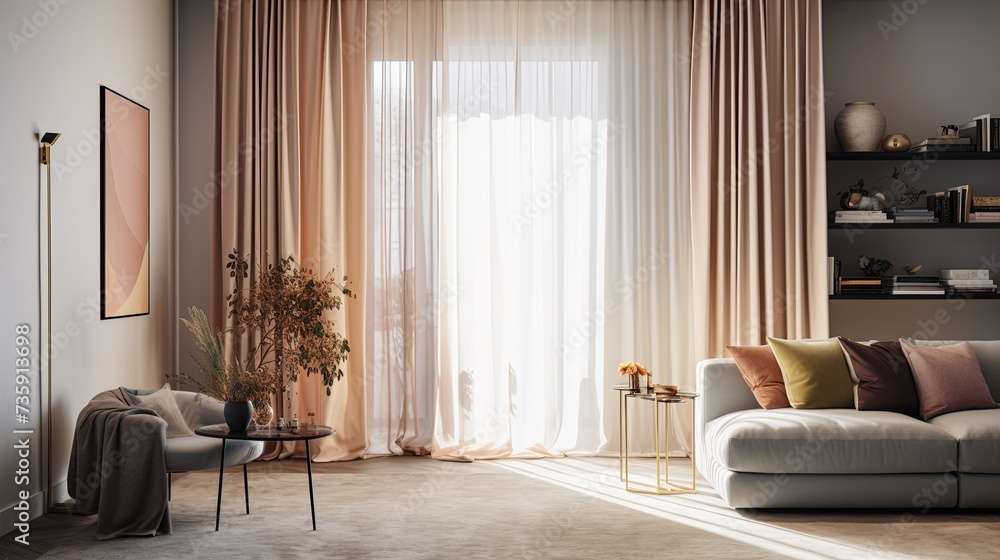 full curtains in an apartment light-colored room with subtle pops of ...