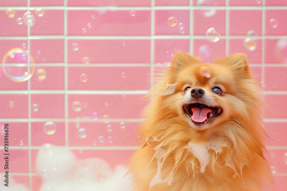 pomerenian dog with many soap bubbles flying around, pink bathroom tile ...