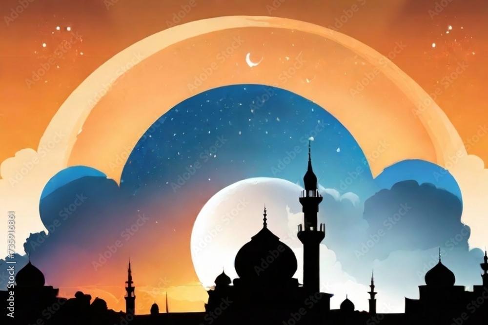 Mosque dome and crescent moon symbol Islamic religion ramadan and text ...